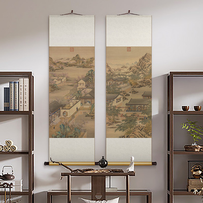 丁观鹏十二月月令图丝绸卷轴挂画中式书房茶室装饰画玄关过道壁画
