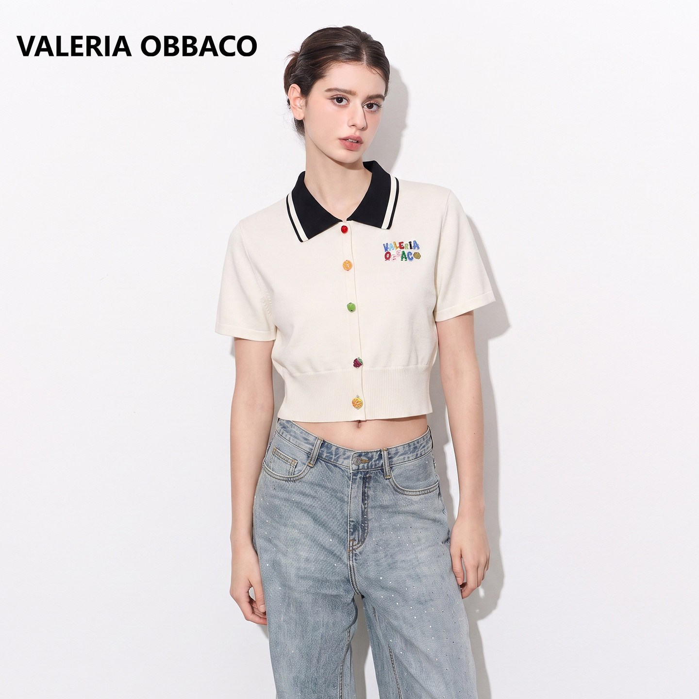 Valeria ObbacoVO奥贝科女时尚个性百搭潮流黑色针织POLO水果