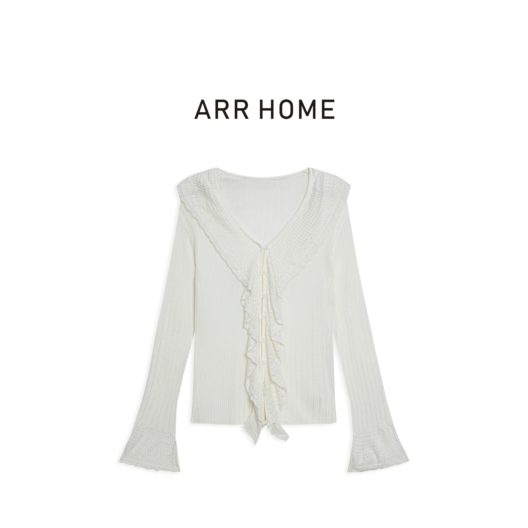 ARR HOME【纤柔荷叶】法式荷叶边V领开衫微喇长袖羊毛针织