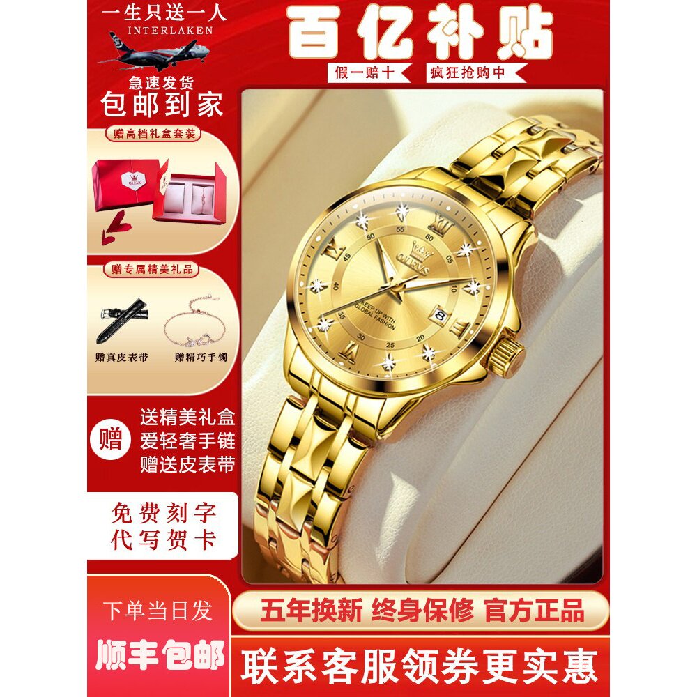 中老年人女表瑞士名表女士手表全金色手表女机械表全自动品牌腕表