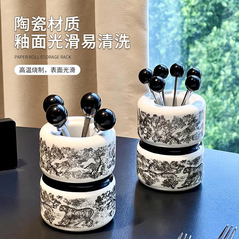 尊慕斯陶瓷水果叉套装客厅餐桌轻奢蛋糕甜品叉子水果签创意收纳罐