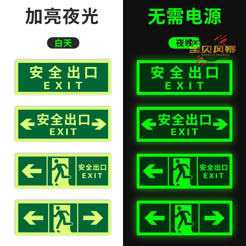 安全出口夜荧光标识牌疏散指示牌自发光标识标牌应急逃生通道标志