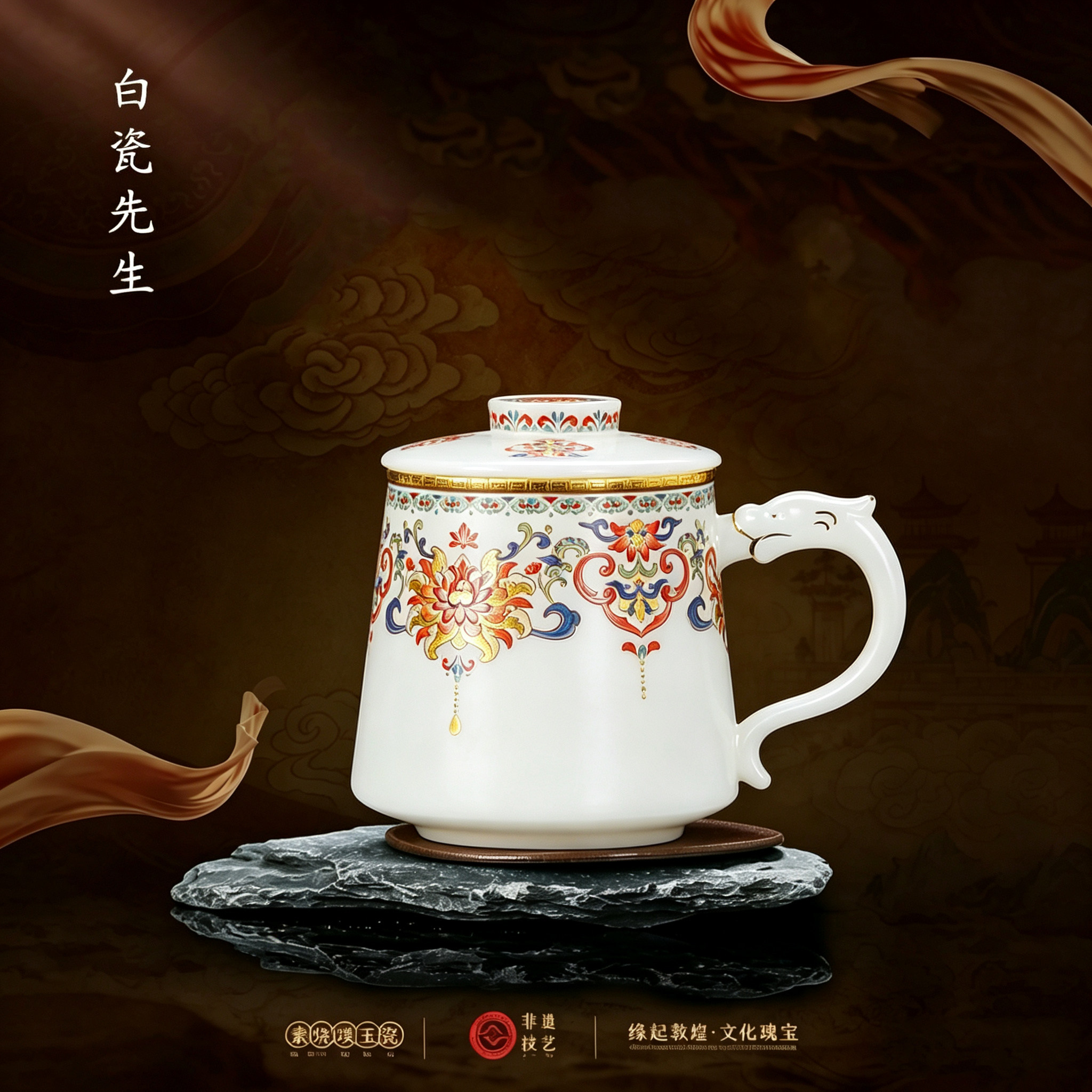 德化林建文大师璞玉白瓷办公杯茶水分离带盖过滤办公家用泡茶水杯