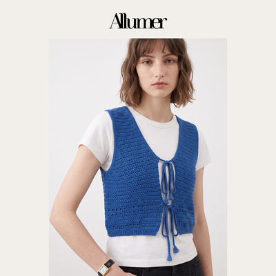 ALLUMER秋季休闲针织无袖背心女简约系带短款通勤日常马甲-02060