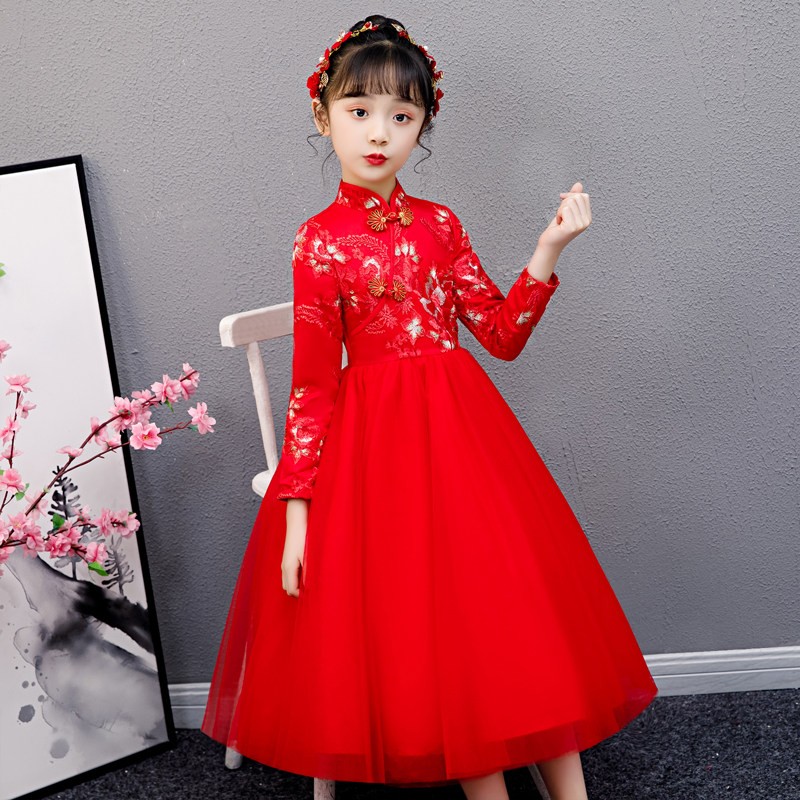 ANGELIEBE女童红色旗袍礼服长袖刺绣网纱蓬蓬裙中国风