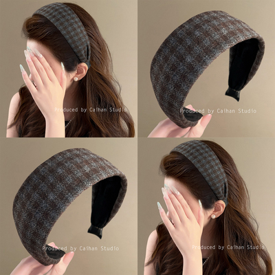 栗秋巴菲~复古咖色格纹发箍