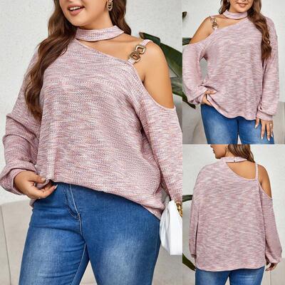Plus size Women Tshirt Shirt Long Sleeves Skew Neck top上衣