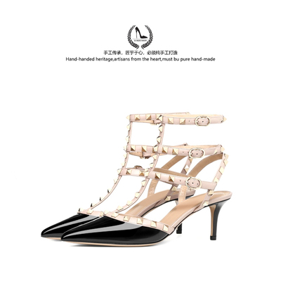 包头铆钉三环真皮性感高跟凉鞋女