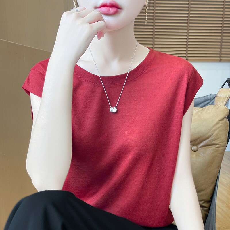 26夏春秋薄款圆领短袖针织衫上衣女打底半袖套头衫小飞袖T恤背心