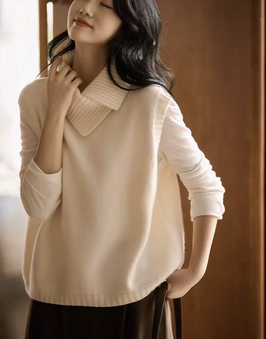 25春秋冬新款100%纯羊毛马夹女翻领针织马甲背心宽松无袖坎肩上衣