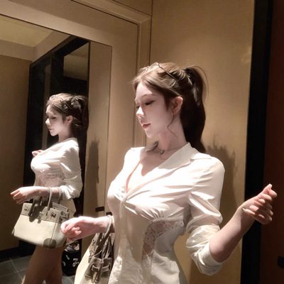 kubiliv高智女友纯欲性感镂空蕾丝拼接修身收腰显瘦衬衫上衣