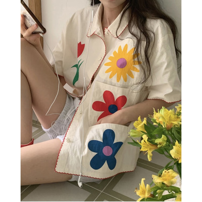 韩国玫瑰印花宽松翻领短袖衬衫女