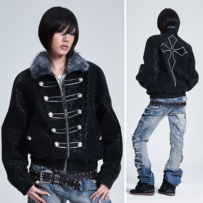 NONAME SPACE宽松落肩软pu加厚豹纹立领翻领毛绒宫廷风拉链外套