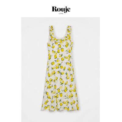 【现货】Rouje Life新款印花U领木耳边真丝碎花中长款法式度假风