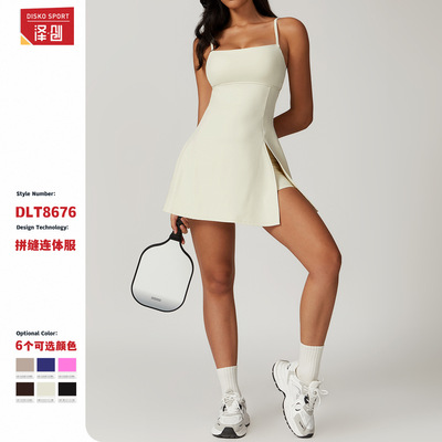 女士夏季带胸垫吊带连体网球裙瑜伽健身连身裙子休闲跑步运动短裙