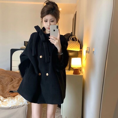 中长款千金小香宽松黑色毛呢外套