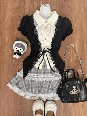 夏季暗黑系假两件衬衣学院风