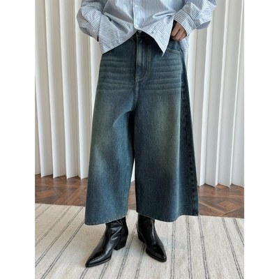 卢浮早春新款美式复古水洗TOMBOY风阔腿牛仔裤潮流宽松七分裤女