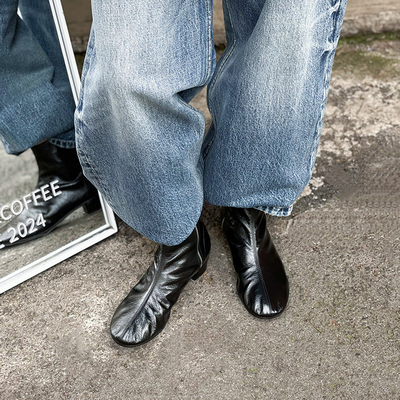 牛皮女拉链短靴低粗跟袜靴黑色