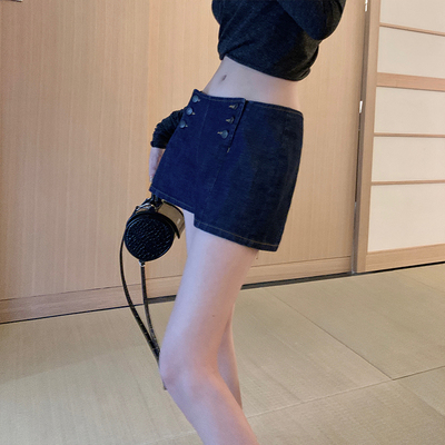 【5折】深蓝色双排扣低腰短裤