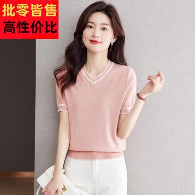 OWY短新袖v领恤女2025夏袖款女装鸡心领上衣黑色桑蚕丝半冰t丝针