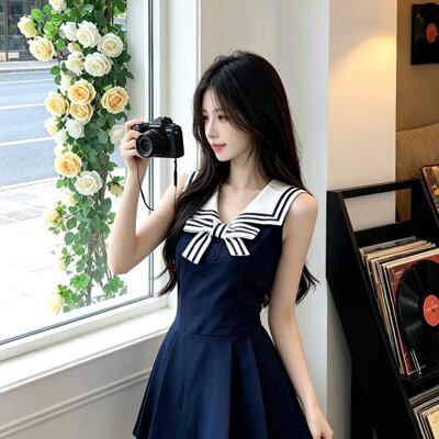 Mejiu蜜九水手甜韵甜美收腰无袖学院连衣裙女夏季设计感裙子