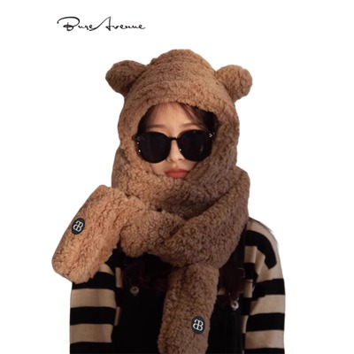 【正品现货】Bure Avenue小熊帽子围巾一体秋冬可爱保暖针织帽女