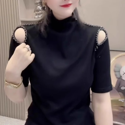 2026春夏款大码装半高领露肩钉珠短袖T恤女修身显瘦内搭上衣服女