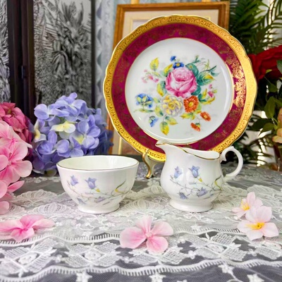 西洋古董 duchess 全手绘蓝色花卉鎏金壶糖奶 现货