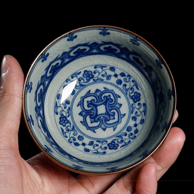 景德镇青花老陶泥宝相普洱杯大号主人杯陶瓷功夫品茗茶杯个人礼品