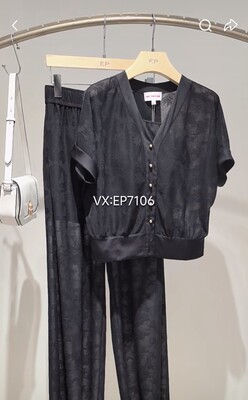 春夏款黑色V领提花显瘦针织小衫短袖衬衫 EGKEA2212A-2199