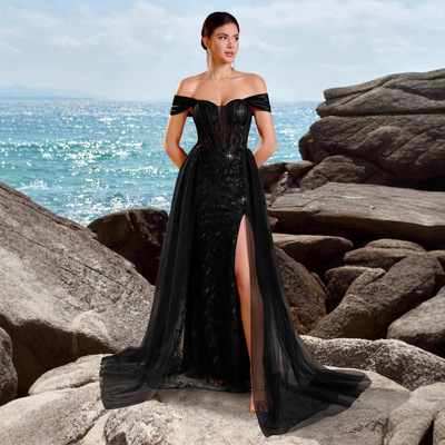 parties, elegant one necked slit heavy industry ball dress