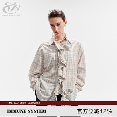 immune system 泡泡纱花瓣领巾粉白格纹衬衫