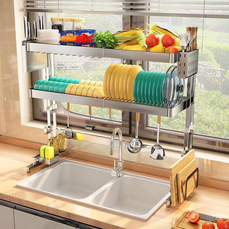 304不锈钢厨房水槽置物架伸缩双层台面多功能新型沥水架碗碟收纳_虎窝淘