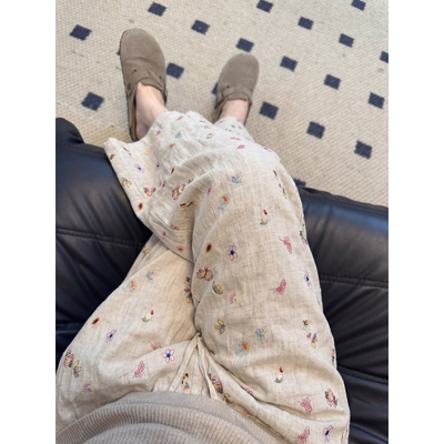 沐染家 少女甜美花卉刺绣亚麻睡裤女夏季宽松大码居家裤休闲外穿
