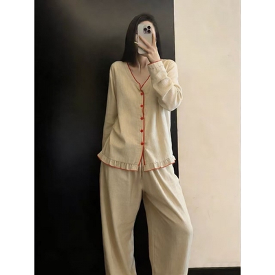 韩系复古高级感气质撞色睡衣女春秋款新款简约慵懒家居服大码套装