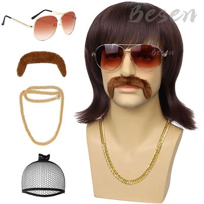 Synthetic 70s 80s Disco Wig Short Brown Mens Mullet Wig for