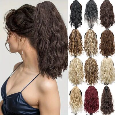 Synthetic 14Inch Short Wavy Brown Blonde Ponytail Hair Exten