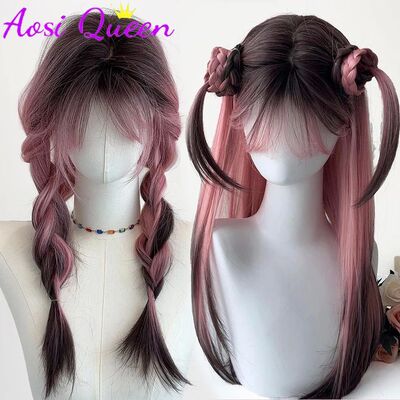 AOSI Black Pink Ombre Synthetic Wigs For Cosplay Long Straig