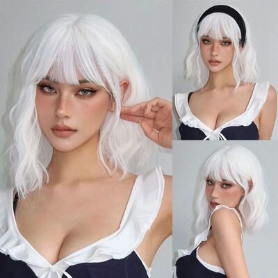 White Blonde Bob Wig Short Wavy Platinum Blonde Cosplay Loli