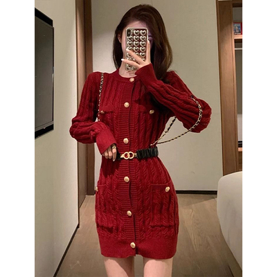 TYST连体毛衣裙女小香风长袖气质收腰修身麻花短款针织包臀连衣裙