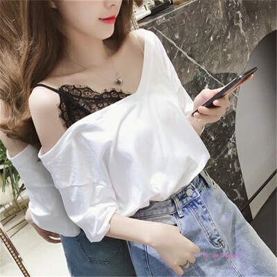 蕾丝拼接短袖性感女T恤