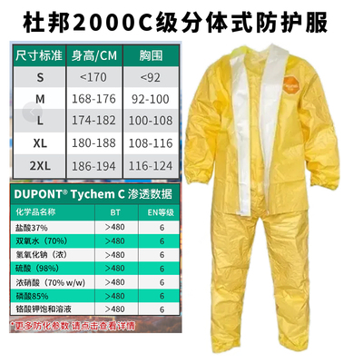 杜邦Tychem2000C级分体式防护服耐酸碱化学品实验室罐车设备清洁