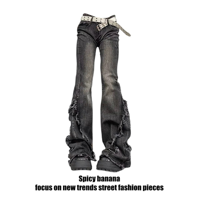 美式辣妹低腰毛边微喇叭牛仔裤女