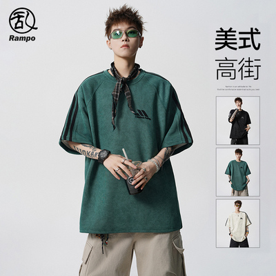 重磅纯棉扎染短袖t恤条纹插肩袖