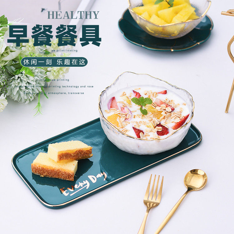 个性创意日式樱花玻璃碗套装 早餐盘糖水甜品碗麦片碗 下午茶餐具