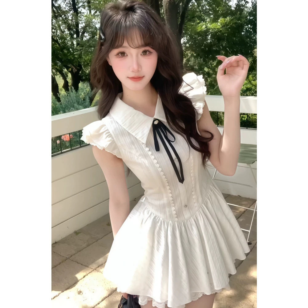 2026感蝴蝶结系带小众不撞款连衣裙女温柔风蕾丝拼接显瘦短裙女装