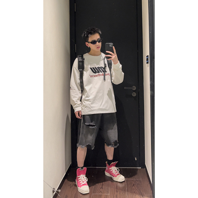 PLTH*春季新品纯棉重磅美式高街字母手臂印花设计款圆领百搭长袖T