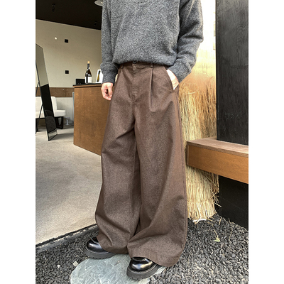 PLTH*美式复古廓形感松紧腰褶皱宽松美拉德休闲裤男直筒阔腿长裤