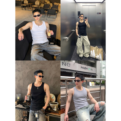 PLTH*美式基础款弹力400g螺纹背心男夏痞帅修身显瘦无袖打底上衣
